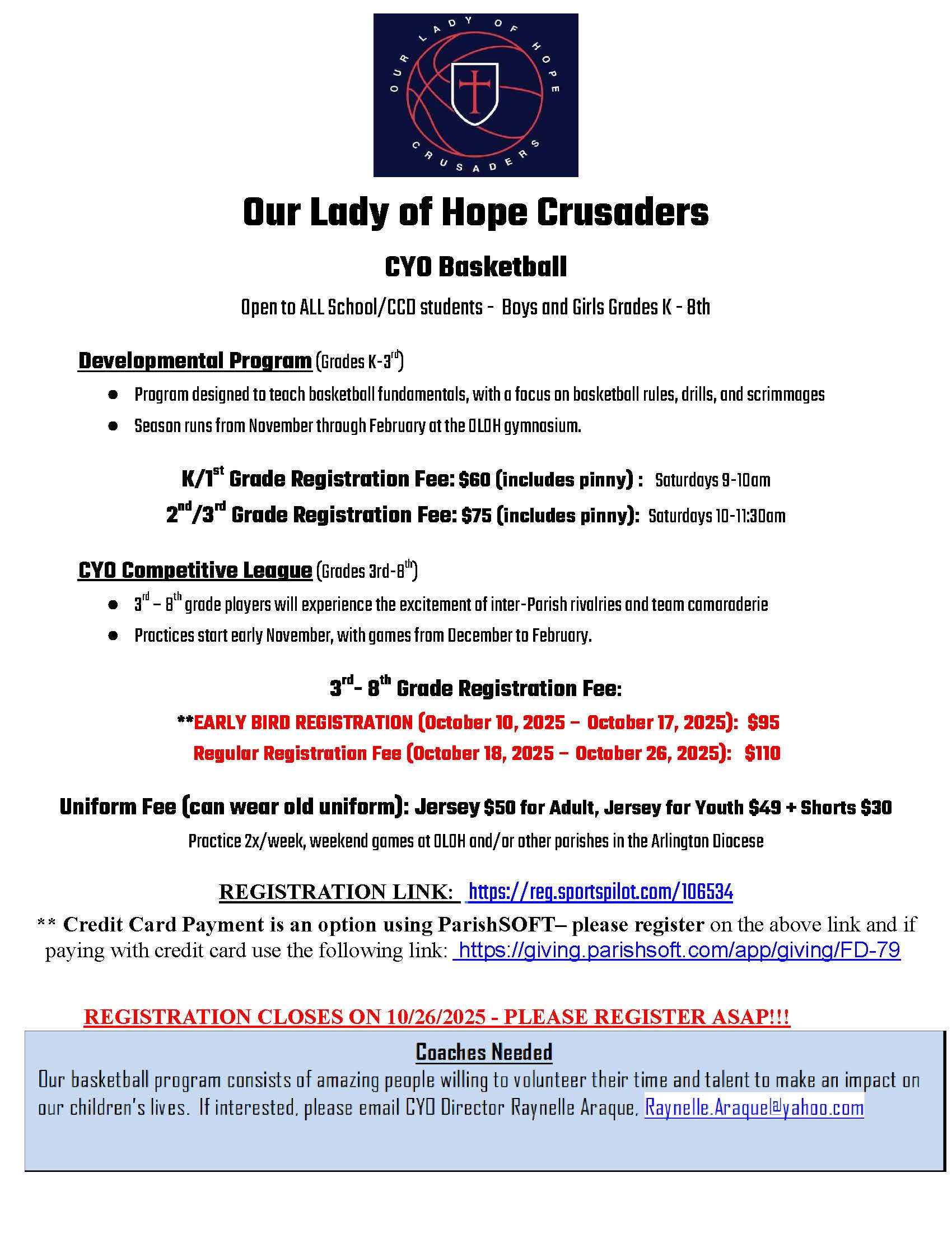 CYO Basketball Registration | Our Lady of Hope Catholic Church